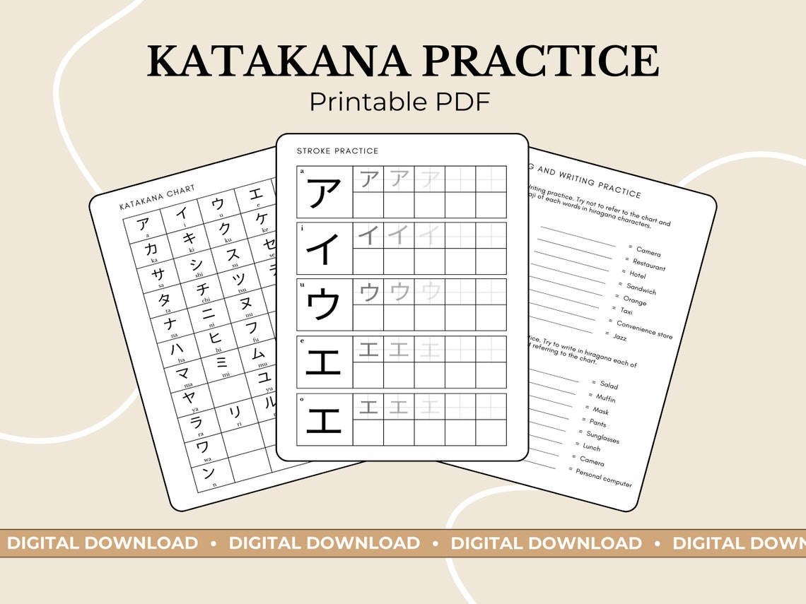 Learn Japanese Katakana Writing Practice Printable PDF Practice Sheets ...