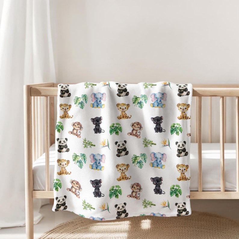 Jungle Baby Blanket. Elephants, Pandas, Monkeys, Panther, Jaguar ...