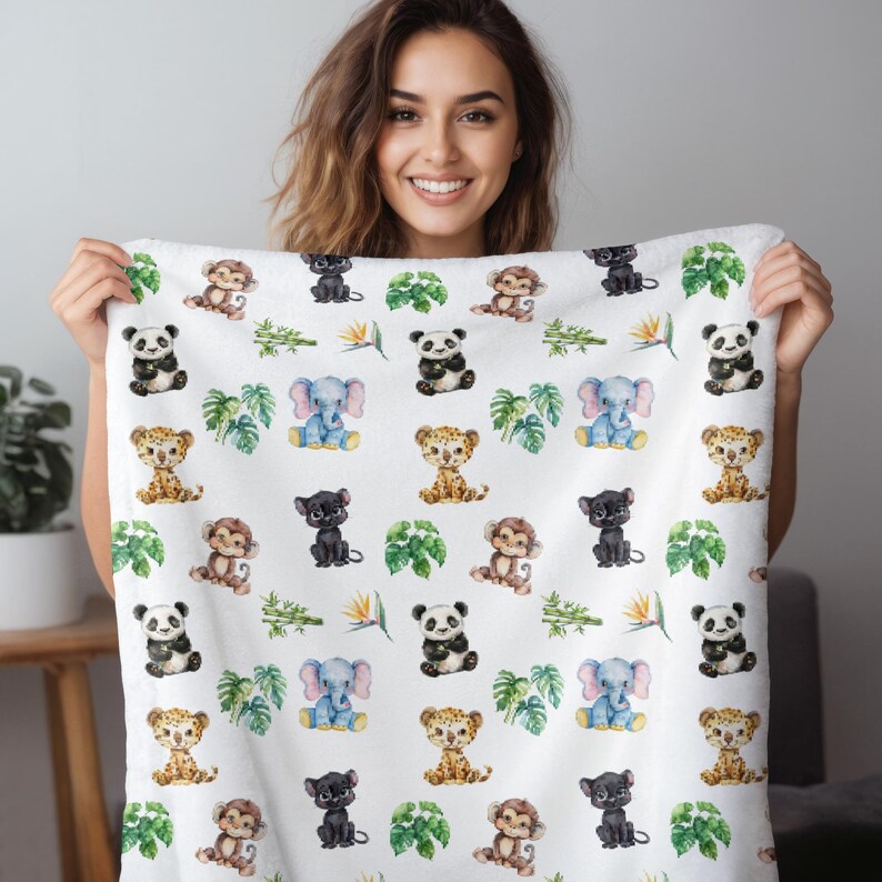 Jungle Baby Blanket. Elephants, Pandas, Monkeys, Panther, Jaguar ...