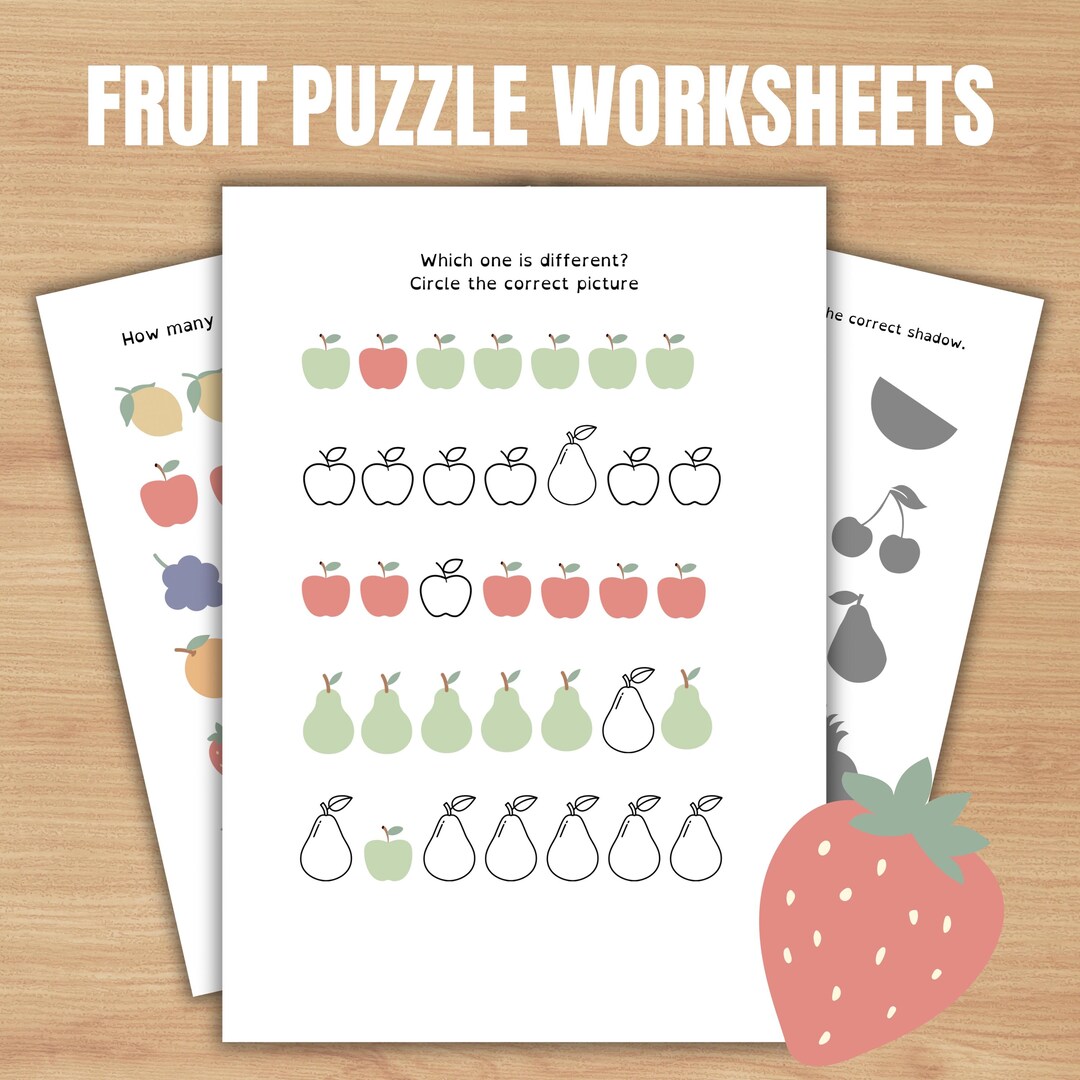 Fruit Puzzle Worksheets for Kids – Spot the Difference, Shadow Match ...