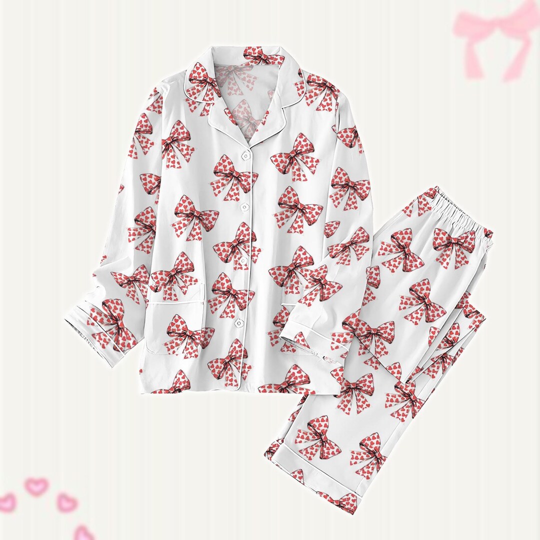 Valentine Coquette Pajamas Set, Retro Valentine Women Pajamas, Pink Bow ...
