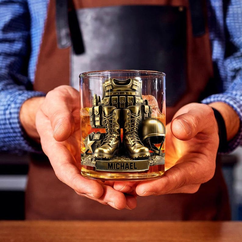 Custom Name 250th US Military Whiskey Glass Gold, Soldier Boots Whiskey ...