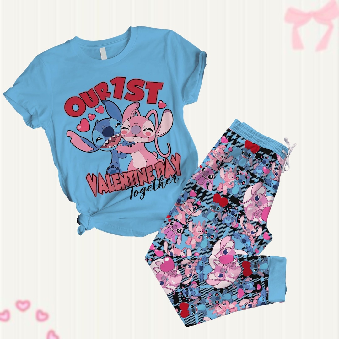Stitch and Angel Pajamas Set, Our 1st Valentine Day Tshirt, Ohana Women ...