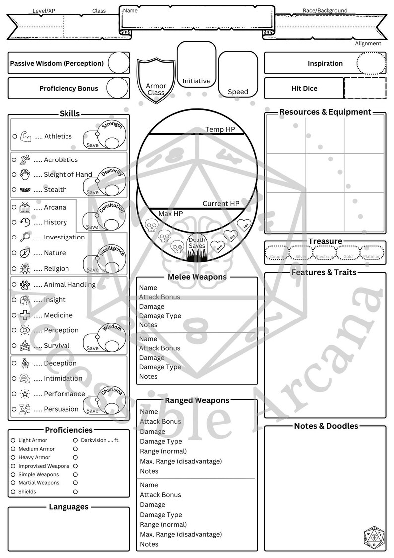 Basic Dnd 5E Character Sheet adhd/autism Friendly - Etsy