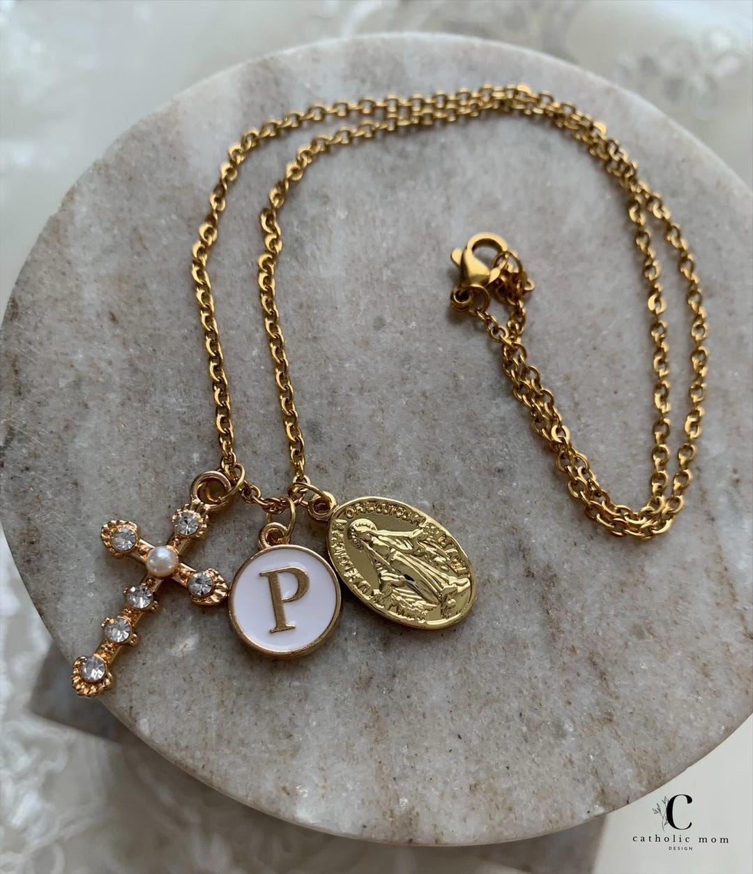 Catholic Girl Initial Necklace • Gold Miraculous Medal Kids Necklace ...