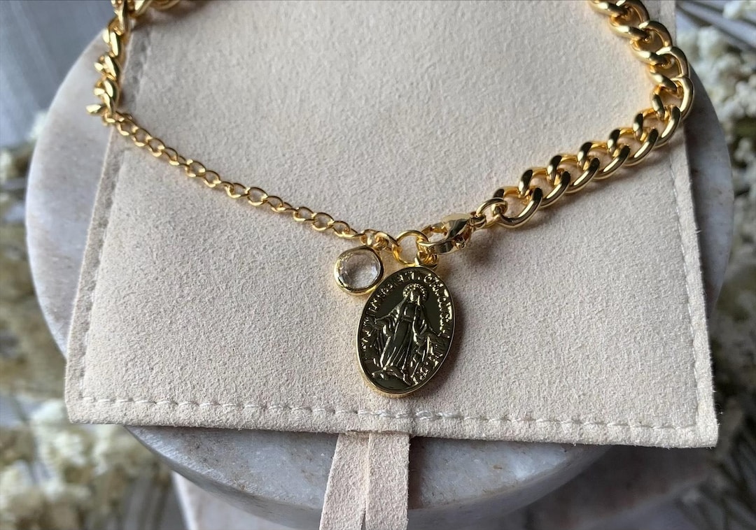 18K Gold Marian Consecration Bracelet Womens, Cuban Link Virgin Mary ...