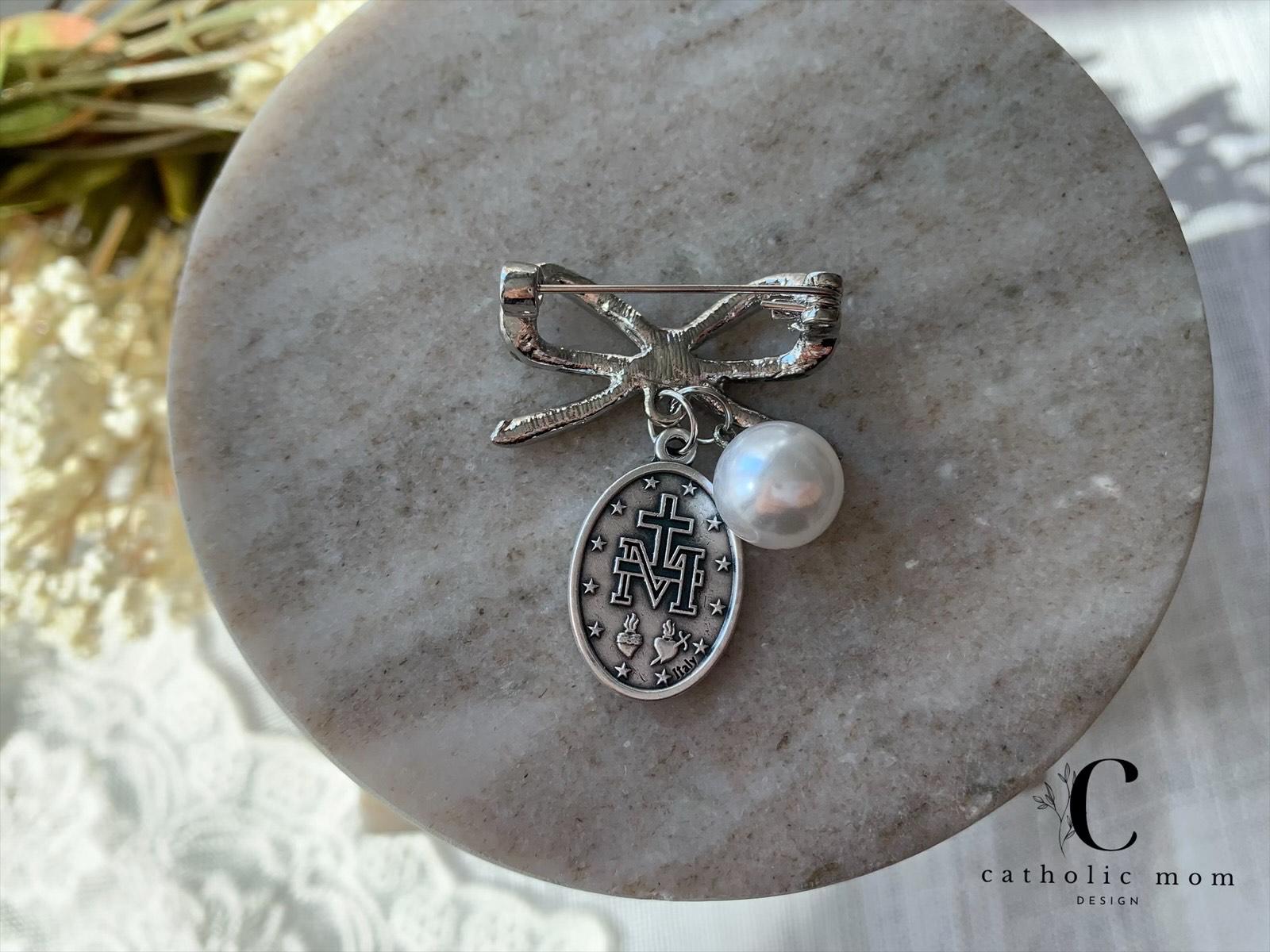 Silver Baby Baptism Pin | Virgin Mary Pearl Protection Pin | Catholic ...