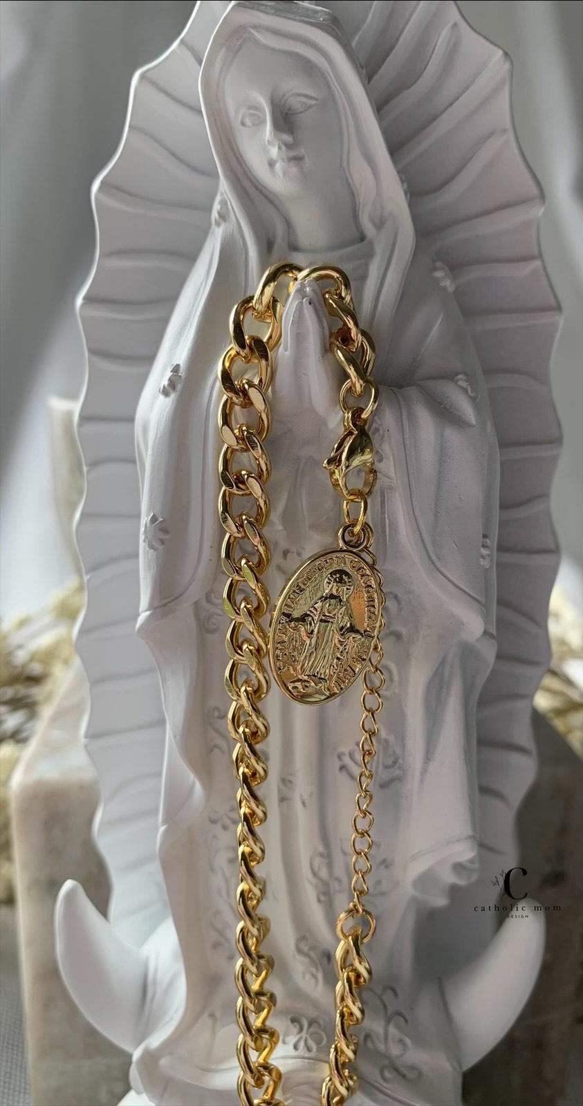 18K Gold Marian Consecration Bracelet Womens, Cuban Link Virgin Mary ...