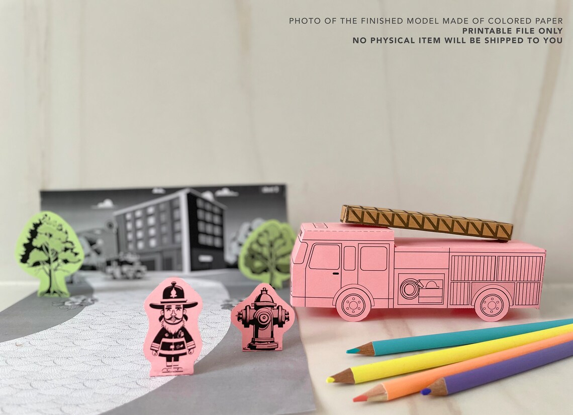 Printable Fire Truck Paper Model Kit, Digital Fire Truck Template, Fire ...