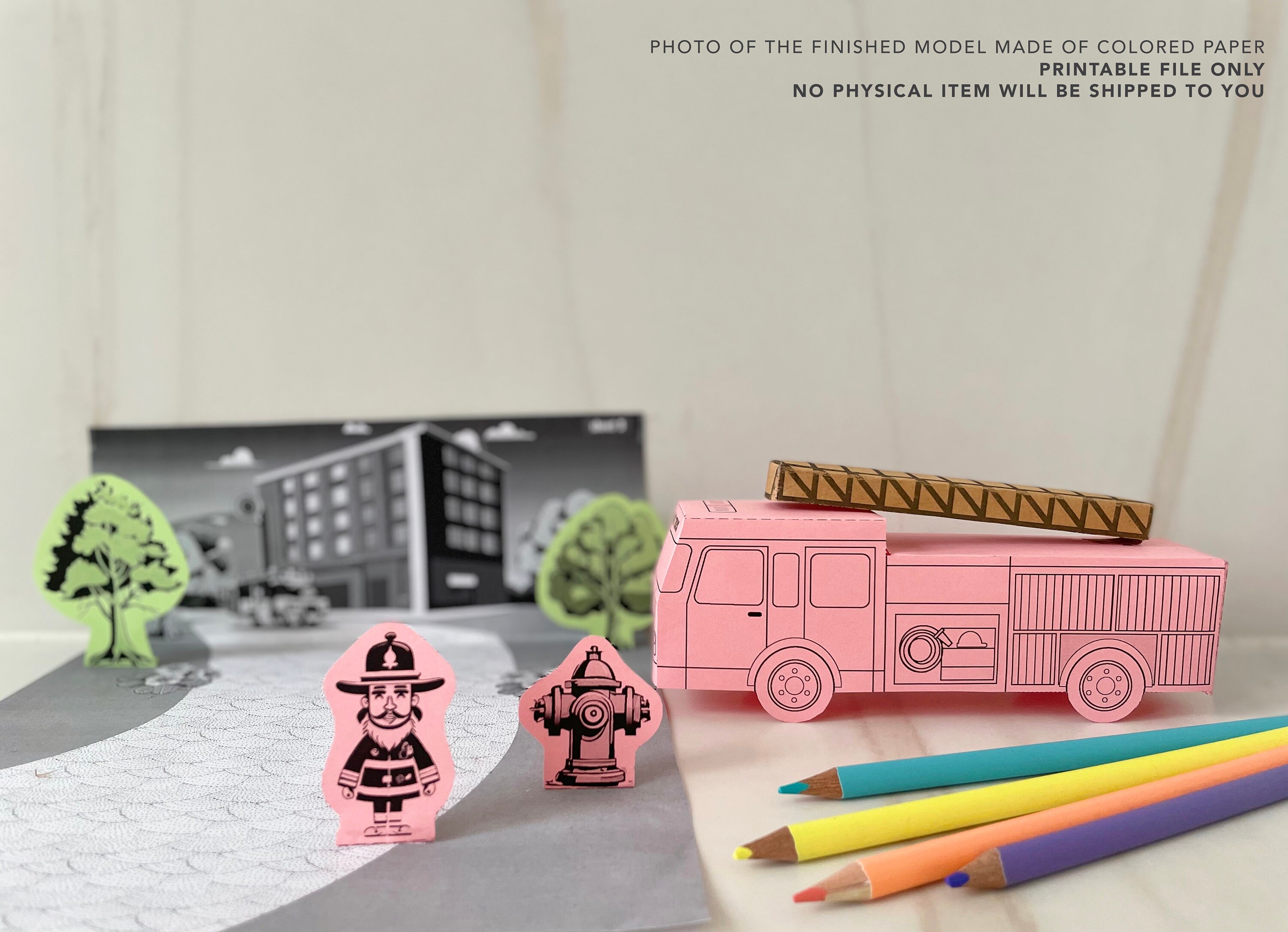 Printable Fire Truck Paper Model Kit, Digital Fire Truck Template, Fire ...