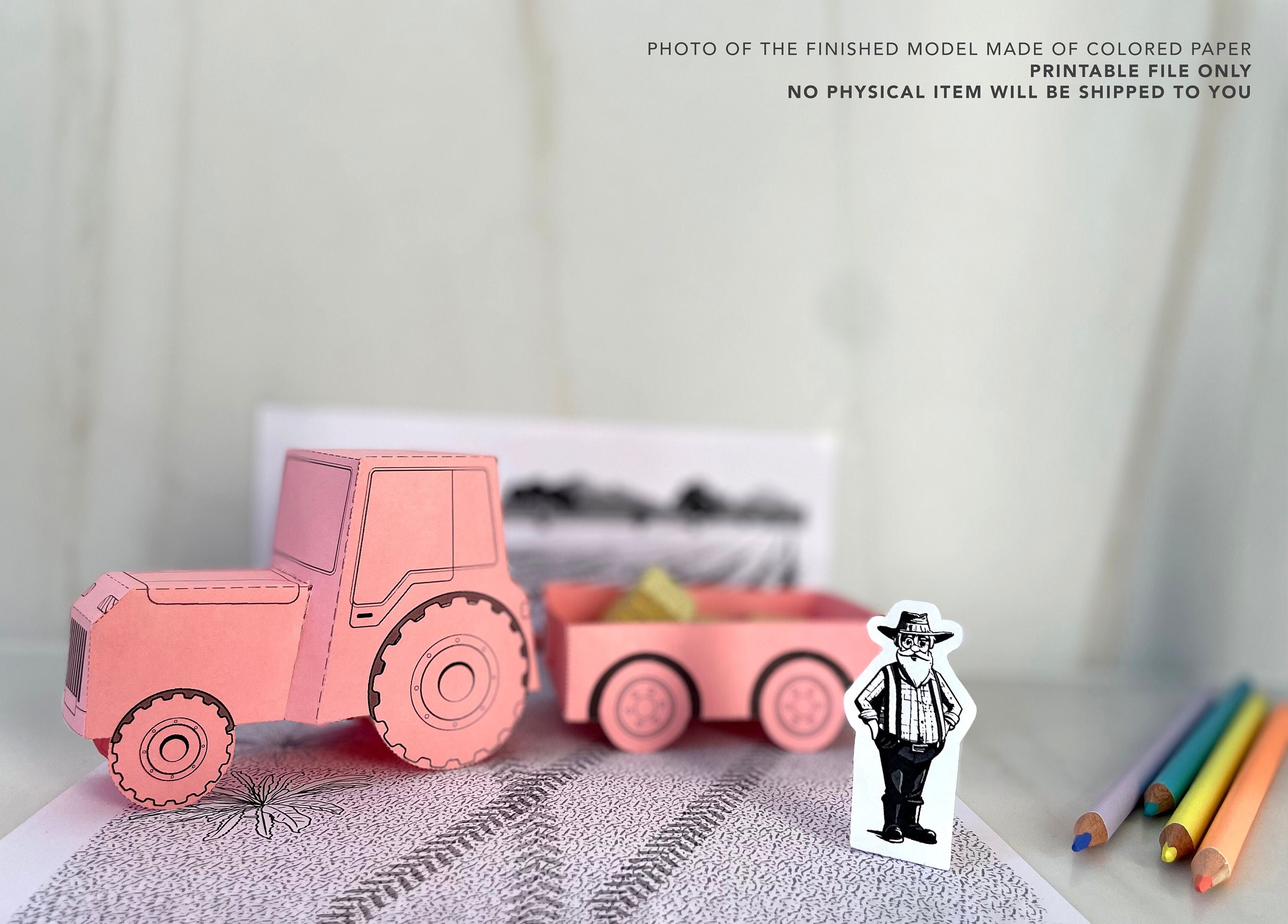 Paper Farm Tractor Model, Paper DIY Toy, Tractor With Trailer Digital ...