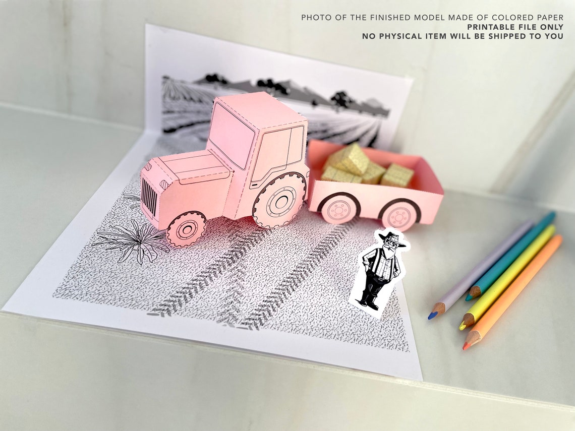 Printable Tractor Paper Model, Tractor Paper Toy, Tractor With Trailer ...