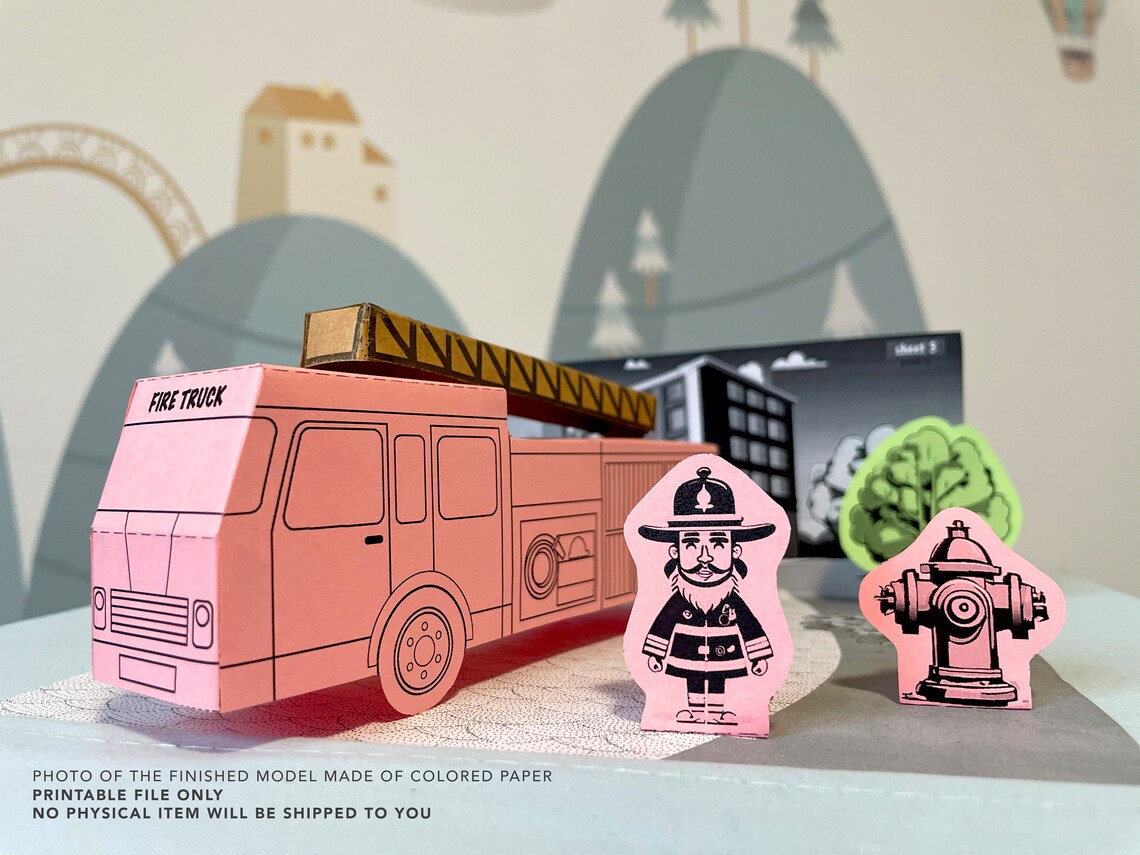 Printable Fire Truck Paper Model Kit, Digital Fire Truck Template, Fire ...