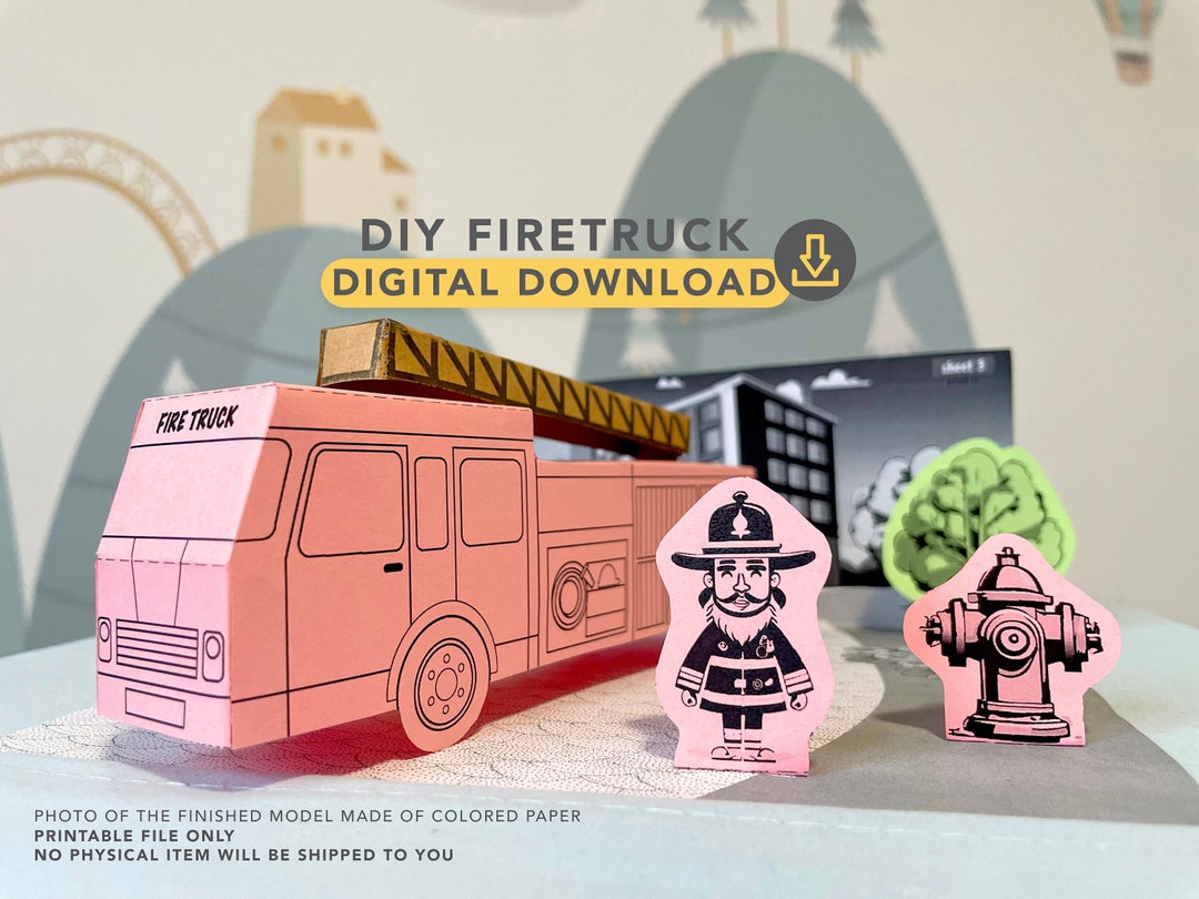 Printable Fire Truck Paper Model Kit, Digital Fire Truck Template, Fire ...