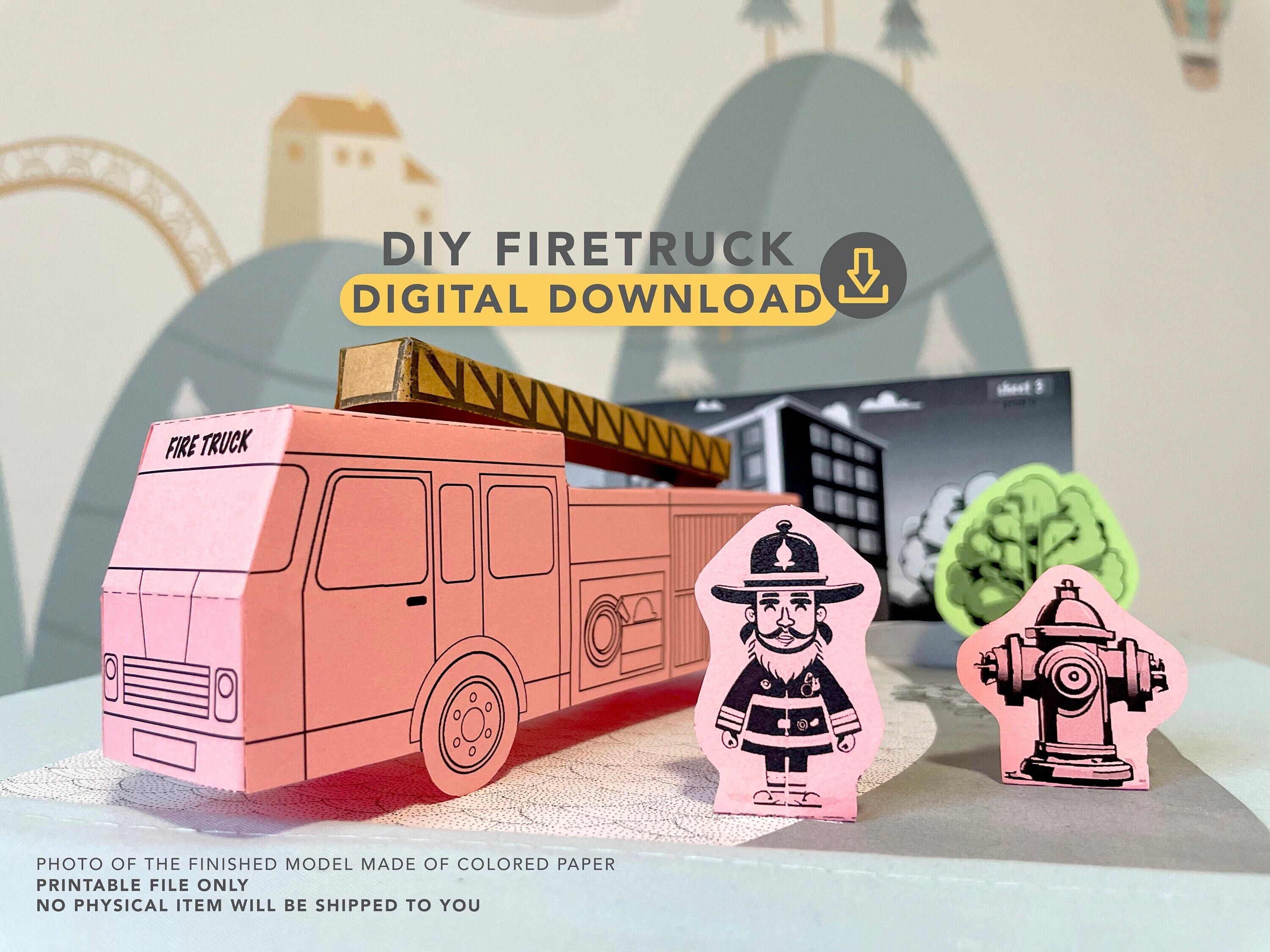 Printable Fire Truck Paper Model Kit, Digital Fire Truck Template, Fire ...