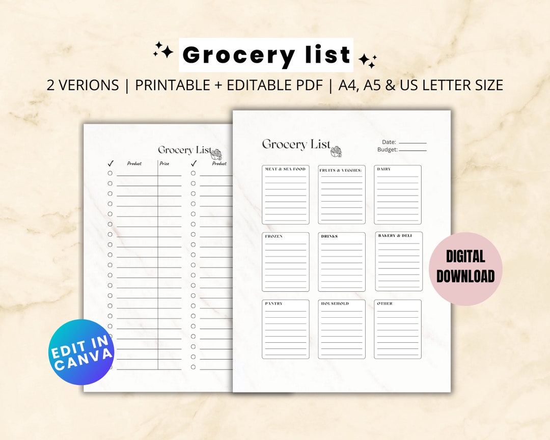 Grocery List Printable Template | Food Shopping Planner | Digital ...