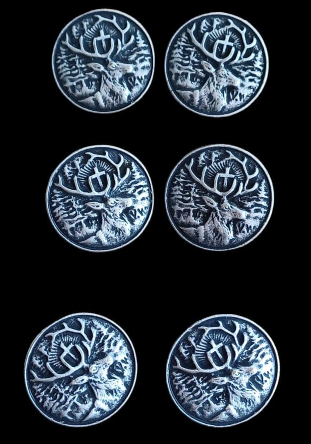 6 Antique Silver-coloured Traditional Metal Buttons, Size 22 Mm deer in ...