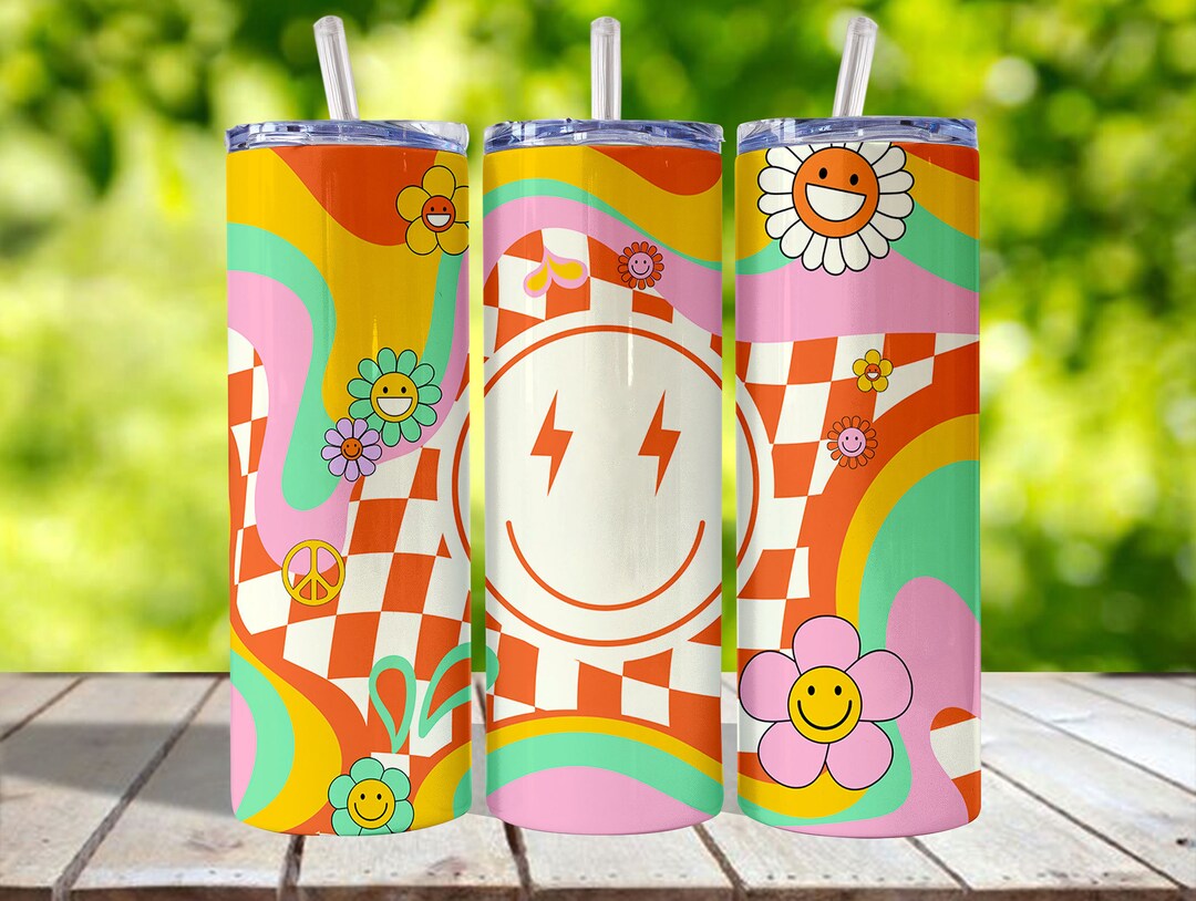 3D Retro Groovy Smile Flowers PNG, 3D Retro Smiley Tumbler Commercial ...