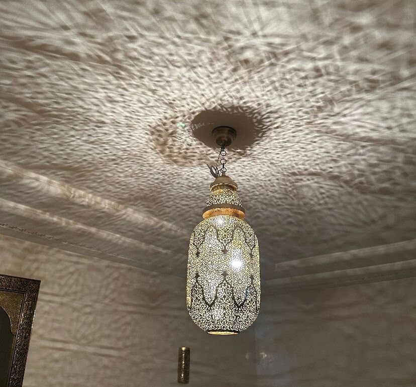 Moroccan Leather Luster, Copper Ceiling Light, Linen Chandelier ...