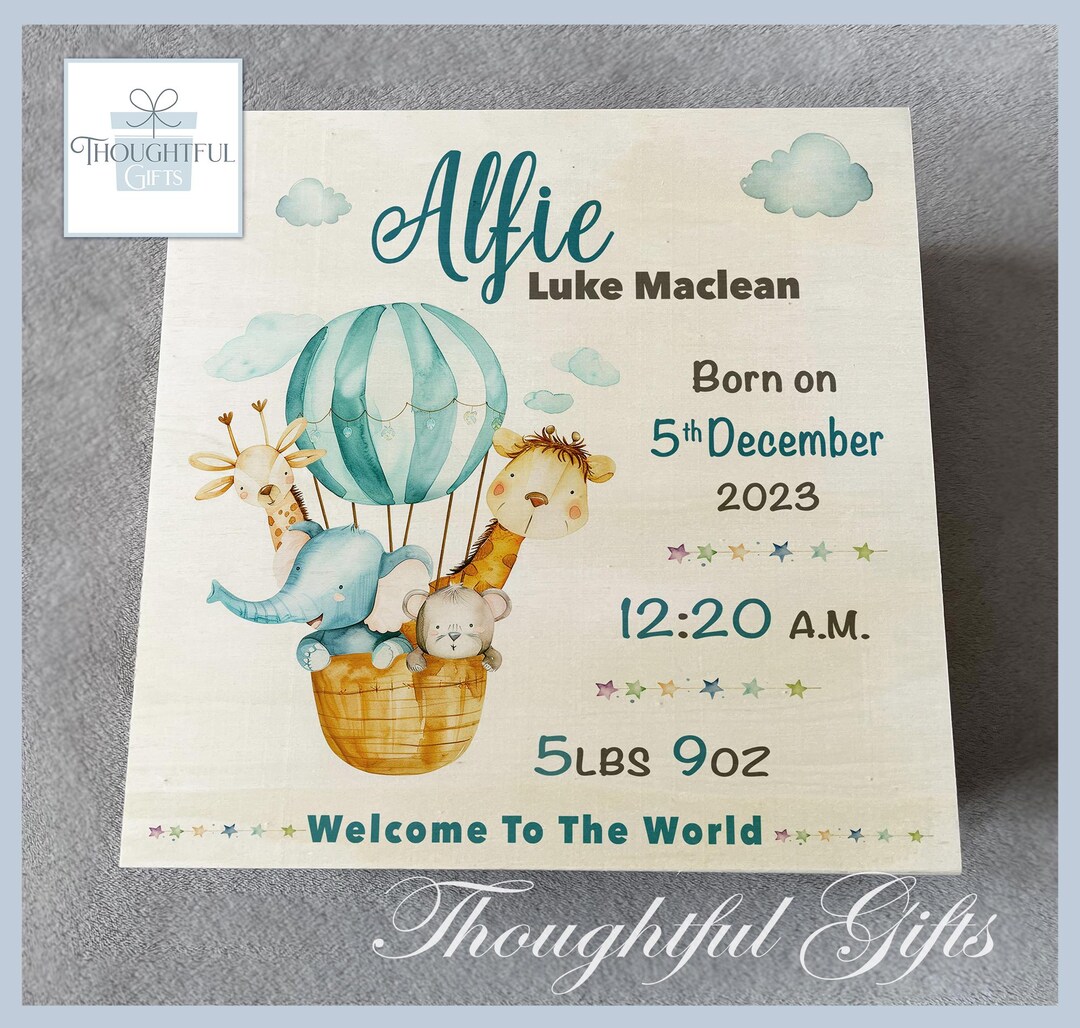 Large Cute Personalised Birth Details Baby Boy Wooden Keepsake Box ...