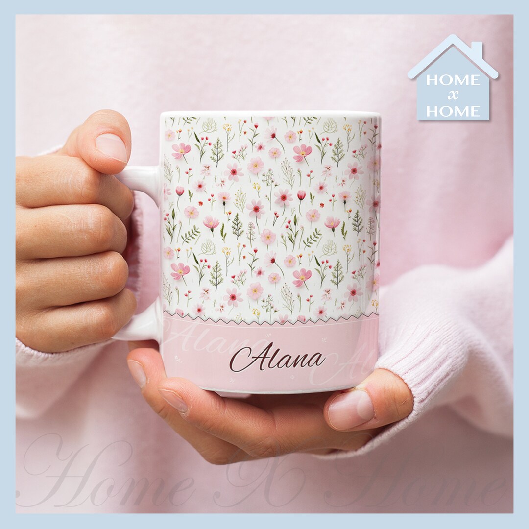 Personalised Pink Flower Mug Custom Name Pink Floral Coffee Mug ...