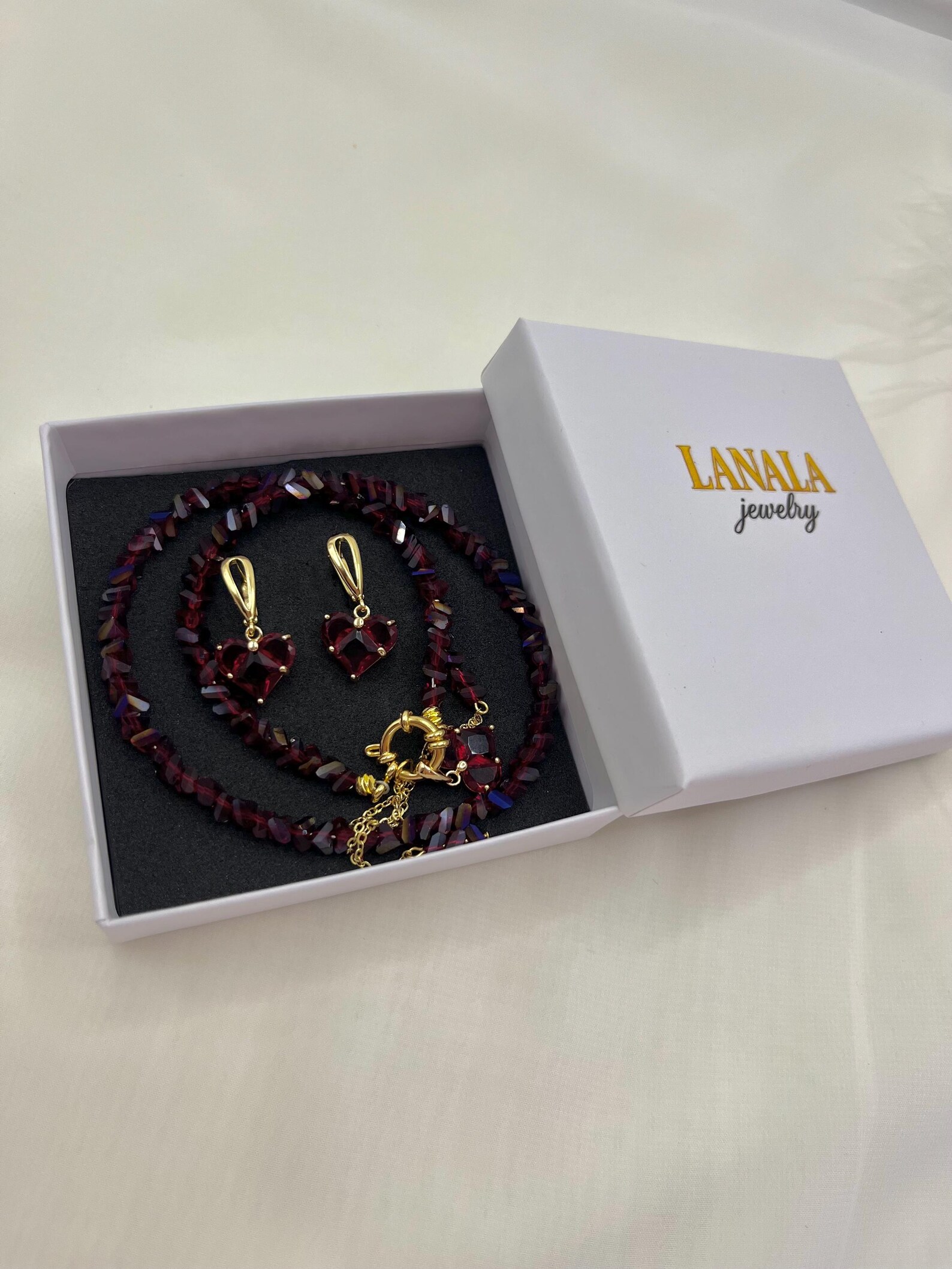 Burgundy Crystal Heart Necklace and Earrings: 24K Gold Plated - Etsy