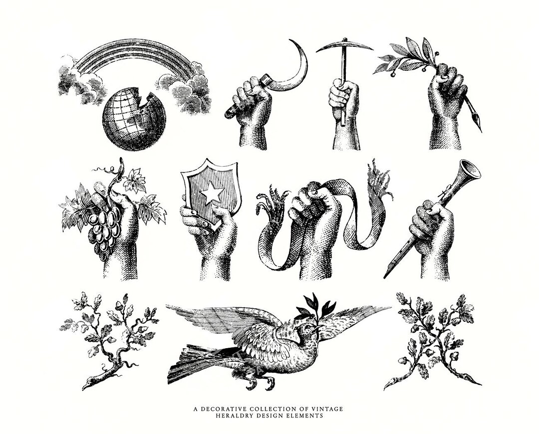 Vintage Heraldry Vector Illustration Collection Featuring Hands, Shield ...