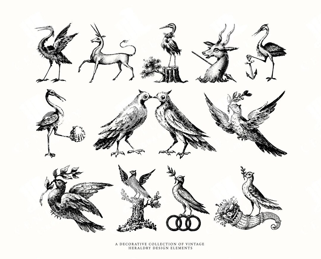 Vintage Heraldry Birds and Animals Vector Collection Featuring Crane ...