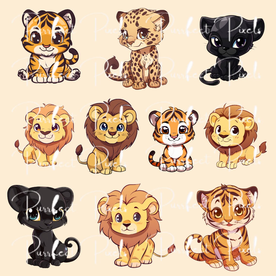Chibi Big Cat's Clipart Set - 20 PNG Images, Chibi Big Cats, Lion ...