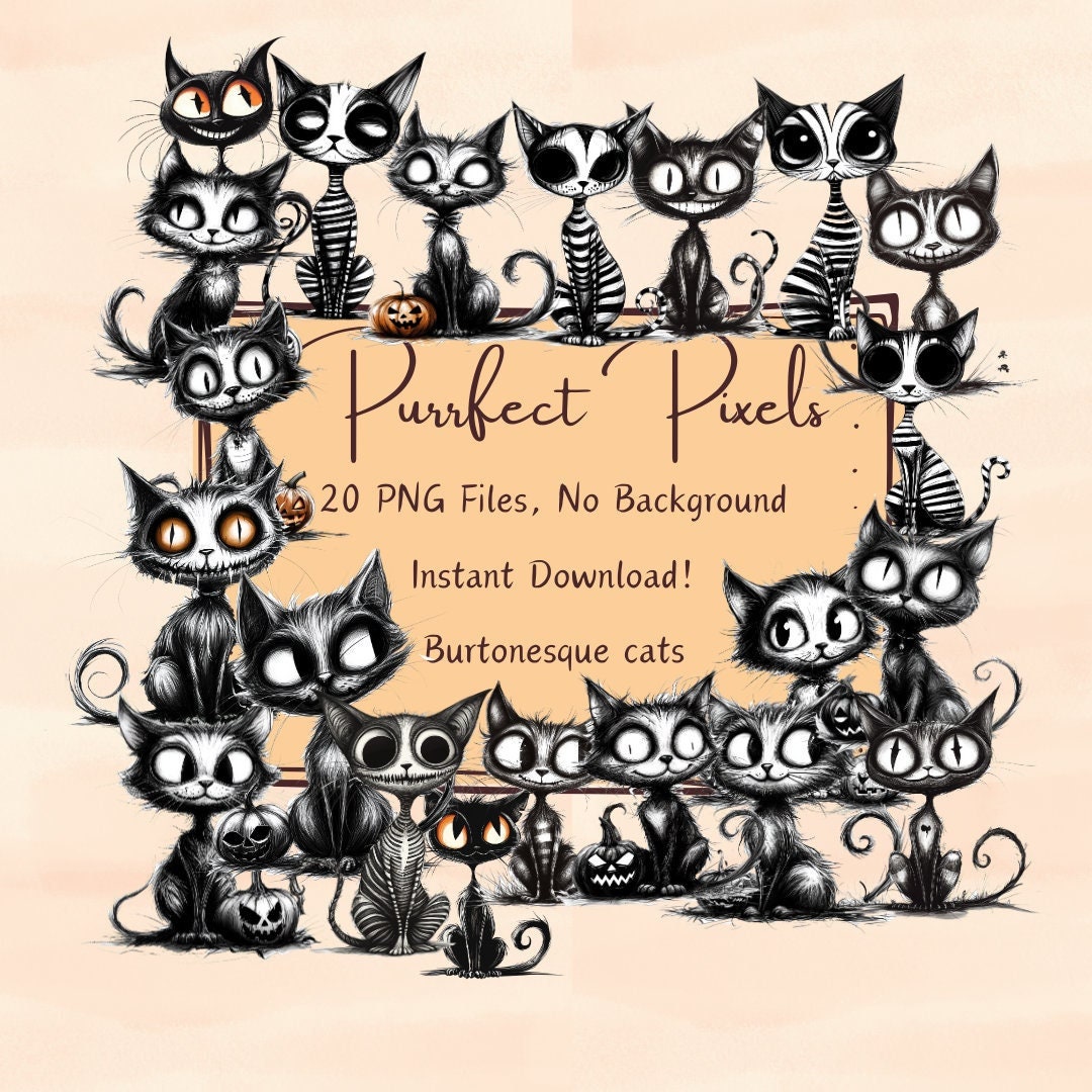 Burtonesque Cats Clipart Set - 20 PNG Images, Tim Burton Inspired ...