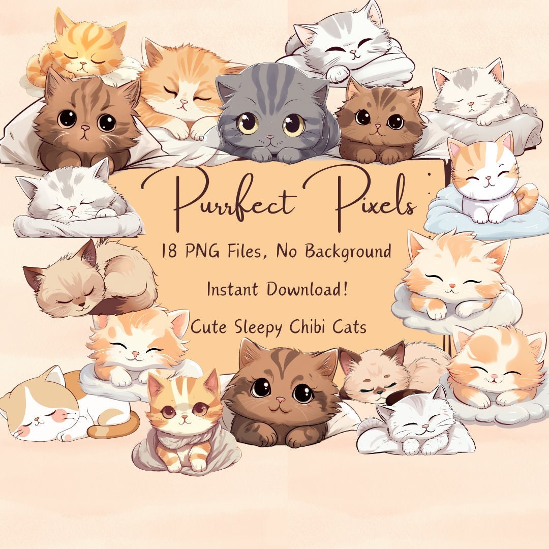 18 Sleepy Chibi Cats, Adorable, Sleepy Kitties, Brown Cats, Orange Cats ...