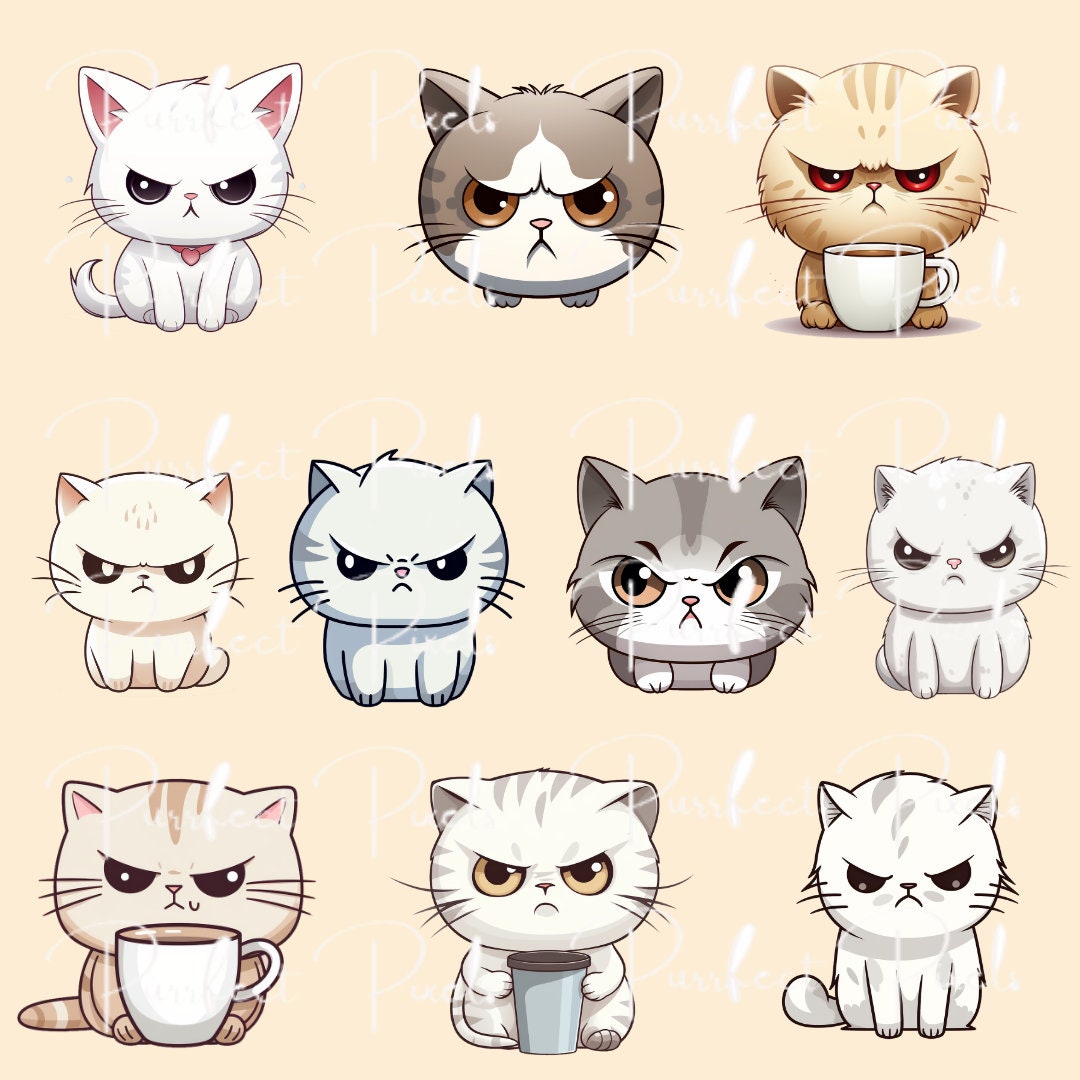 Kawaii Grumpy Cat Clipart Set - 20 PNG Images, No Background, Ginger ...