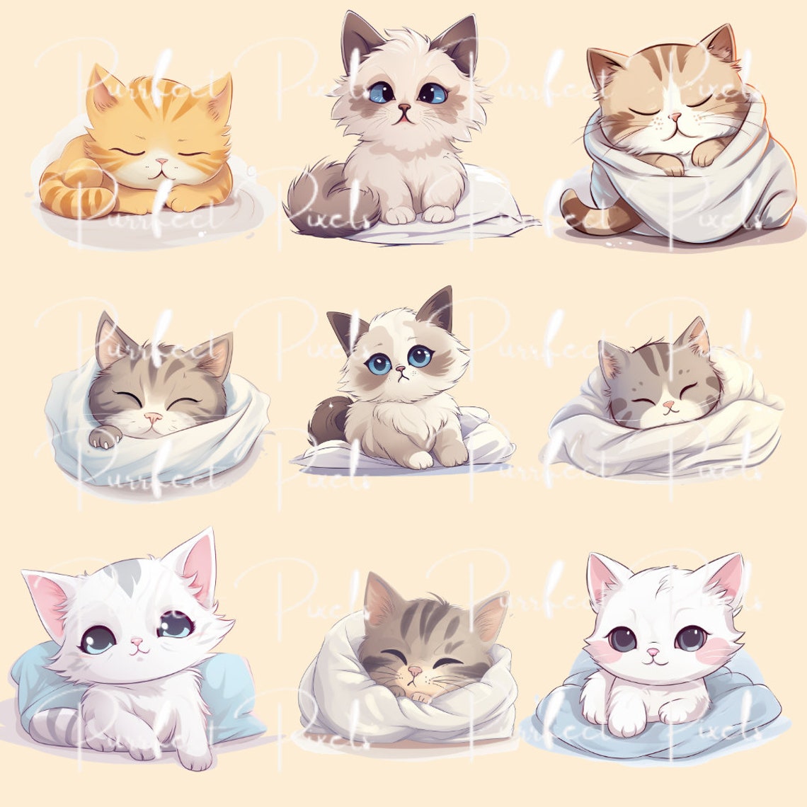 Chibi Pastel Cat PNG Set - 18 Adorable Sleepy Kitties, Featuring ...