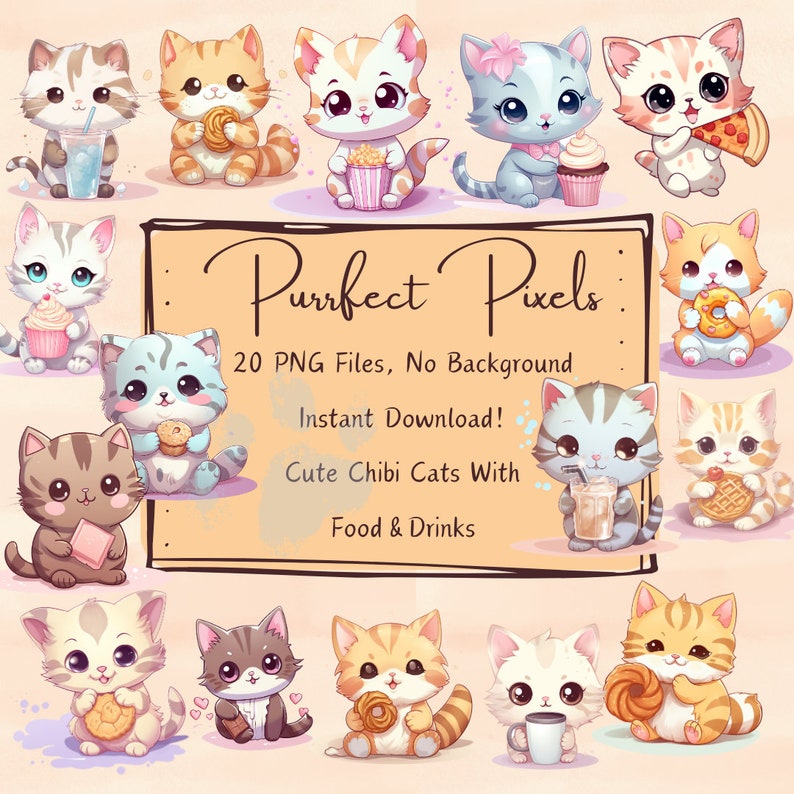 Chibi Kawaii Cat Clipart Set - 20 PNG Images, Adorable Cats With Food ...