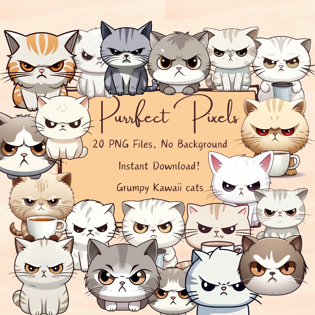 Kawaii Grumpy Cat Clipart Set - 20 PNG Images, No Background, Ginger ...