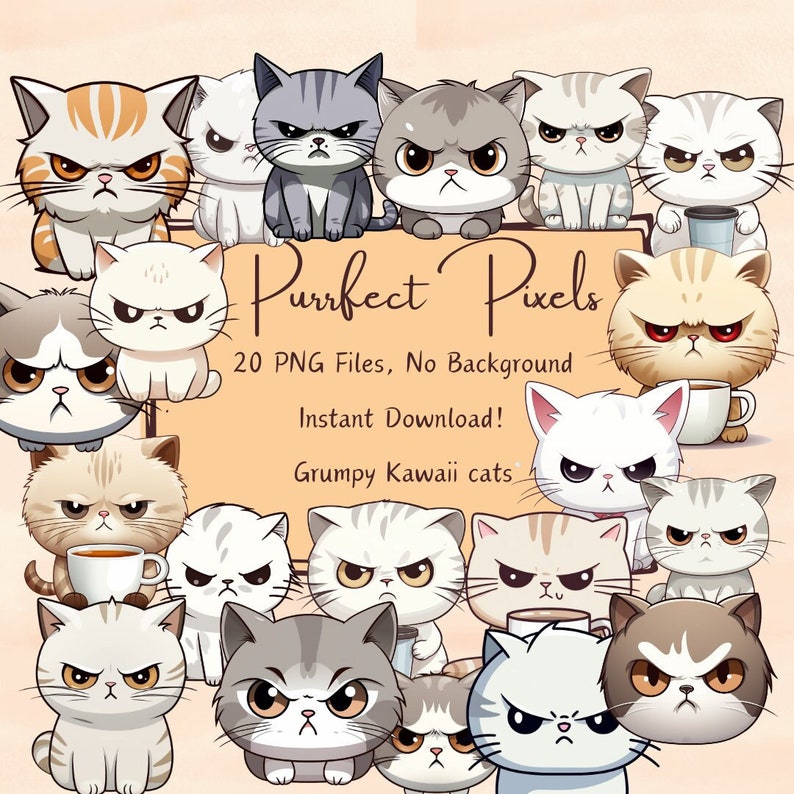 Kawaii Grumpy Cat Clipart Set - 20 PNG Images, No Background, Ginger ...