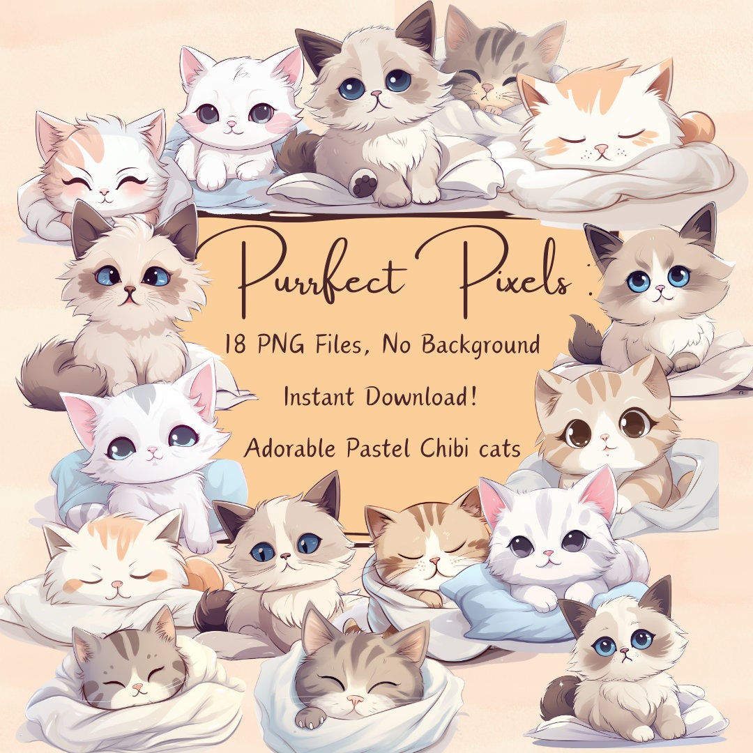 Chibi Pastel Cat PNG Set - 18 Adorable Sleepy Kitties, Featuring ...