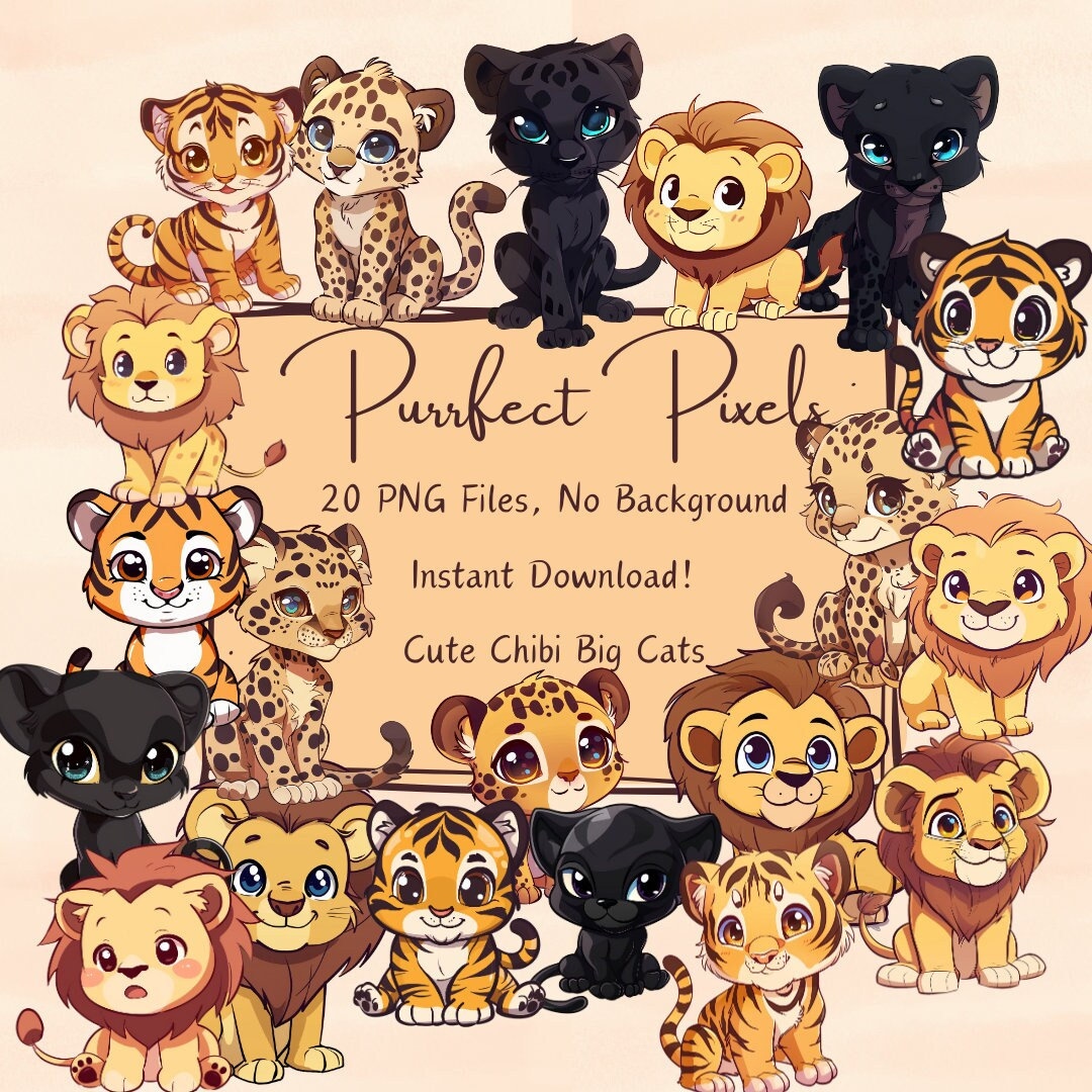Chibi Big Cat's Clipart Set - 20 PNG Images, Chibi Big Cats, Lion ...