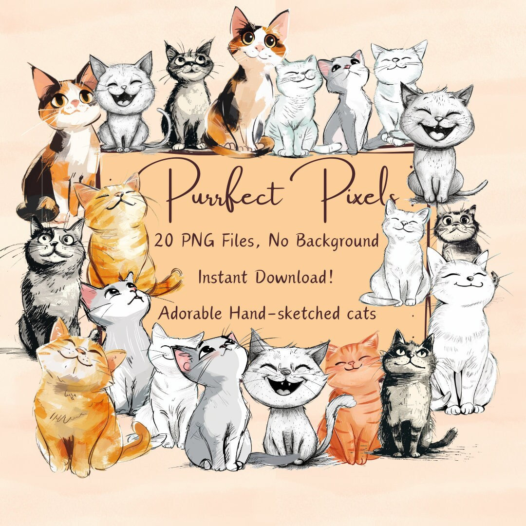 Adorable Hand-sketched Cat Clipart Set - 20 PNG Images, White, Calico ...