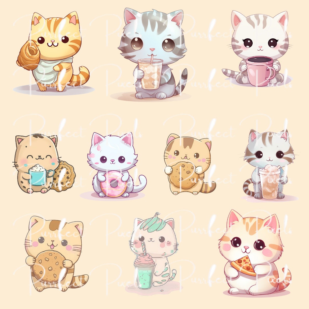 Simple Chibi Kawaii Cat Clipart Set - 20 PNG Images, Adorable Cats With ...