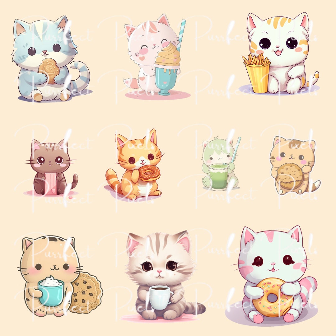 Simple Chibi Kawaii Cat Clipart Set 20 PNG Images, Adorable Cats With ...
