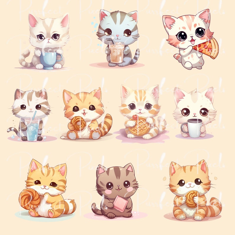 Chibi Kawaii Cat Clipart Set - 20 PNG Images, Adorable Cats With Food ...