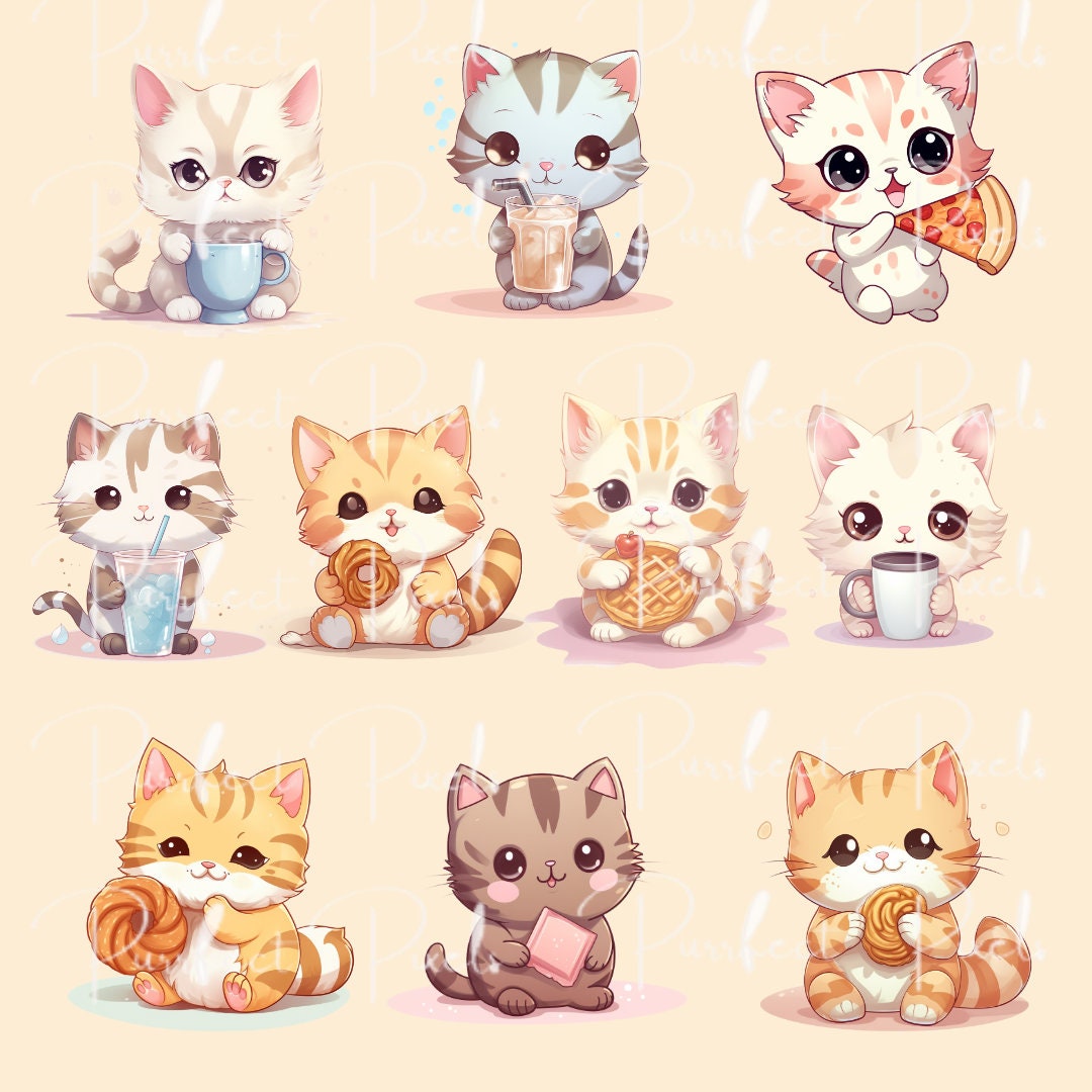 Chibi Kawaii Cat Clipart Set - 20 PNG Images, Adorable Cats With Food ...