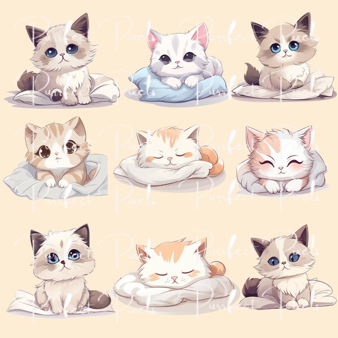 Chibi Pastel Cat PNG Set - 18 Adorable Sleepy Kitties, Featuring ...