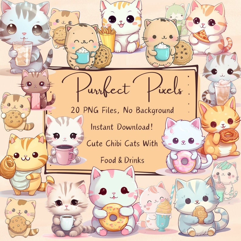 Simple Chibi Kawaii Cat Clipart Set - 20 PNG Images, Adorable Cats With ...