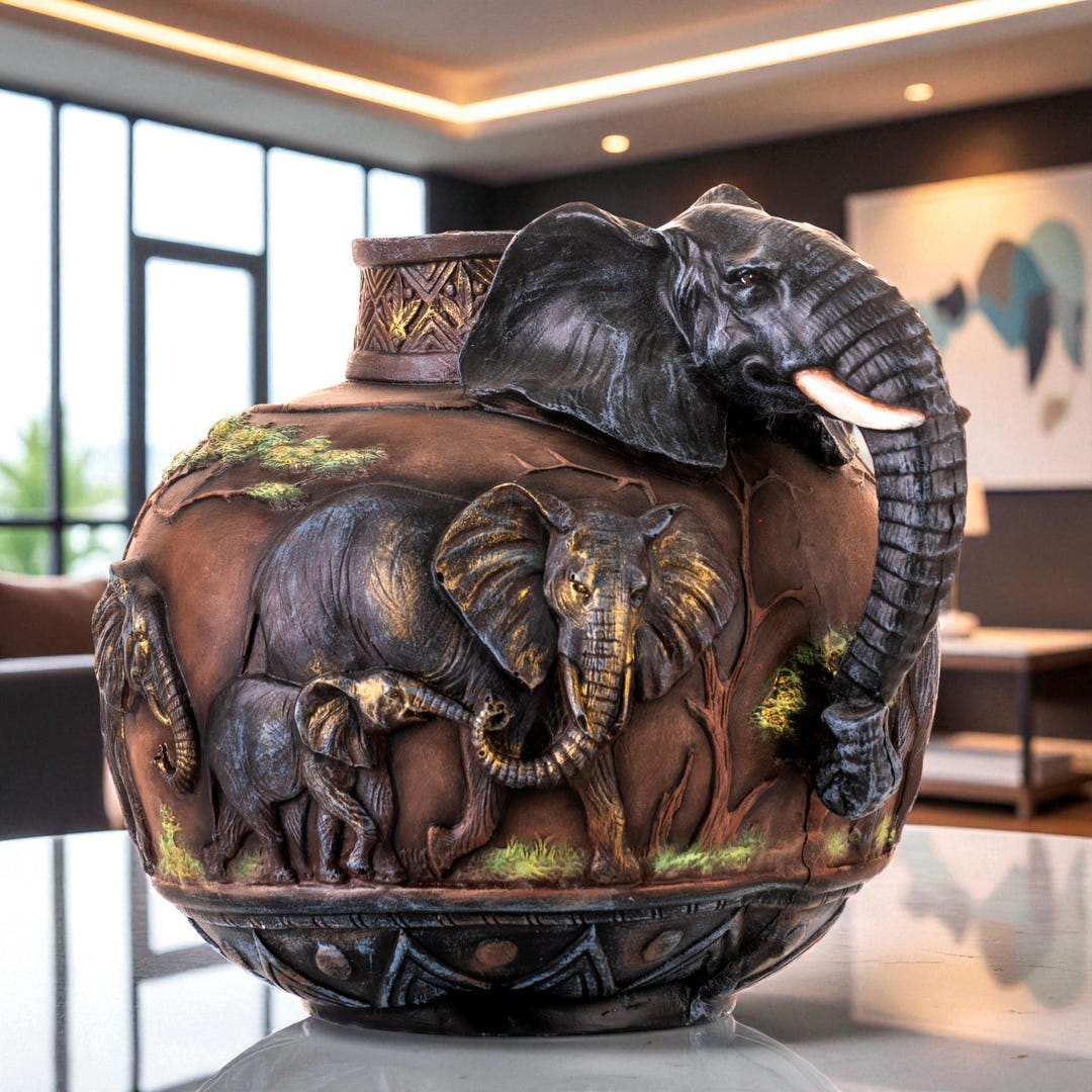 Elephant Safari Vase Sculpture, Hand-painted Wildlife Art, African ...