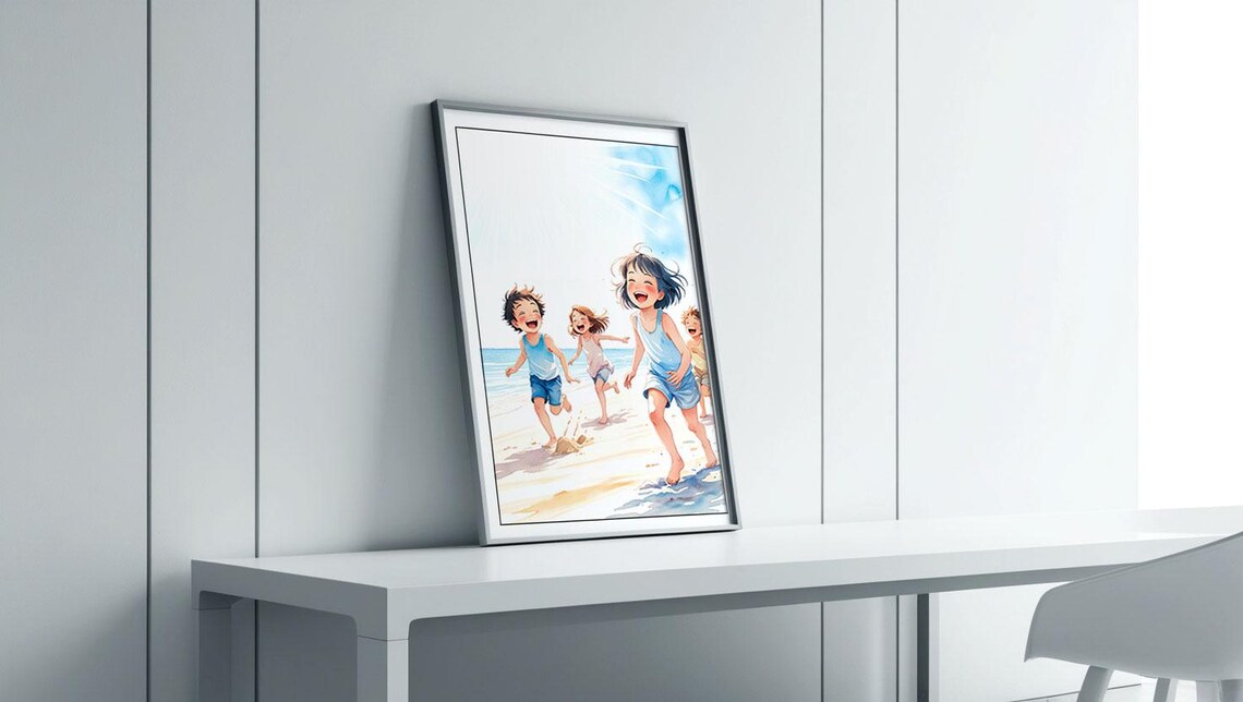 Children Playing at the Beach, Art Print, Contemporary Watercolor Art ...