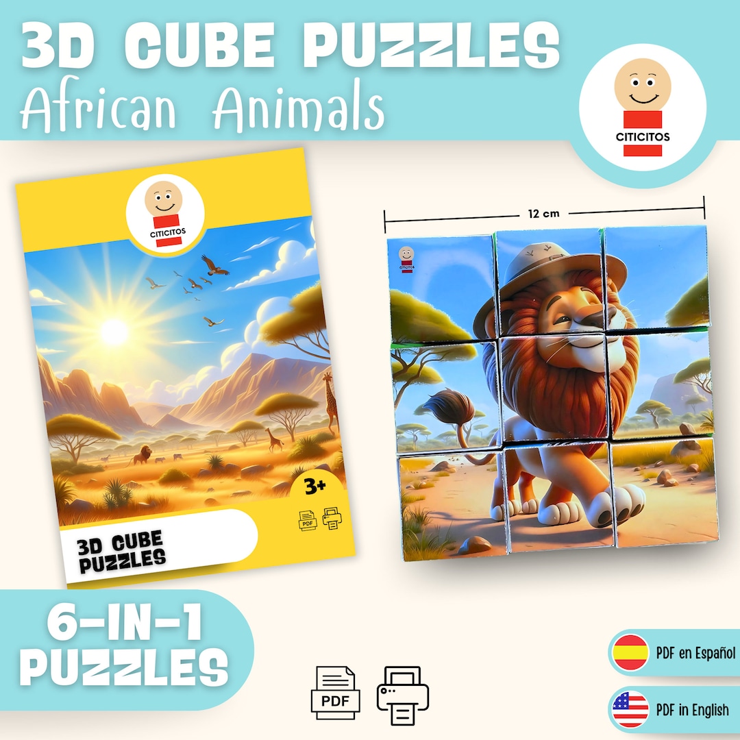 6 in 1 3D Cube Puzzles, African Animals Puzzle, Educational Kids Puzzle ...