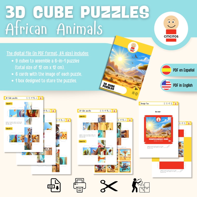 6 in 1 3D Cube Puzzles, African Animals Puzzle, Educational Kids Puzzle ...