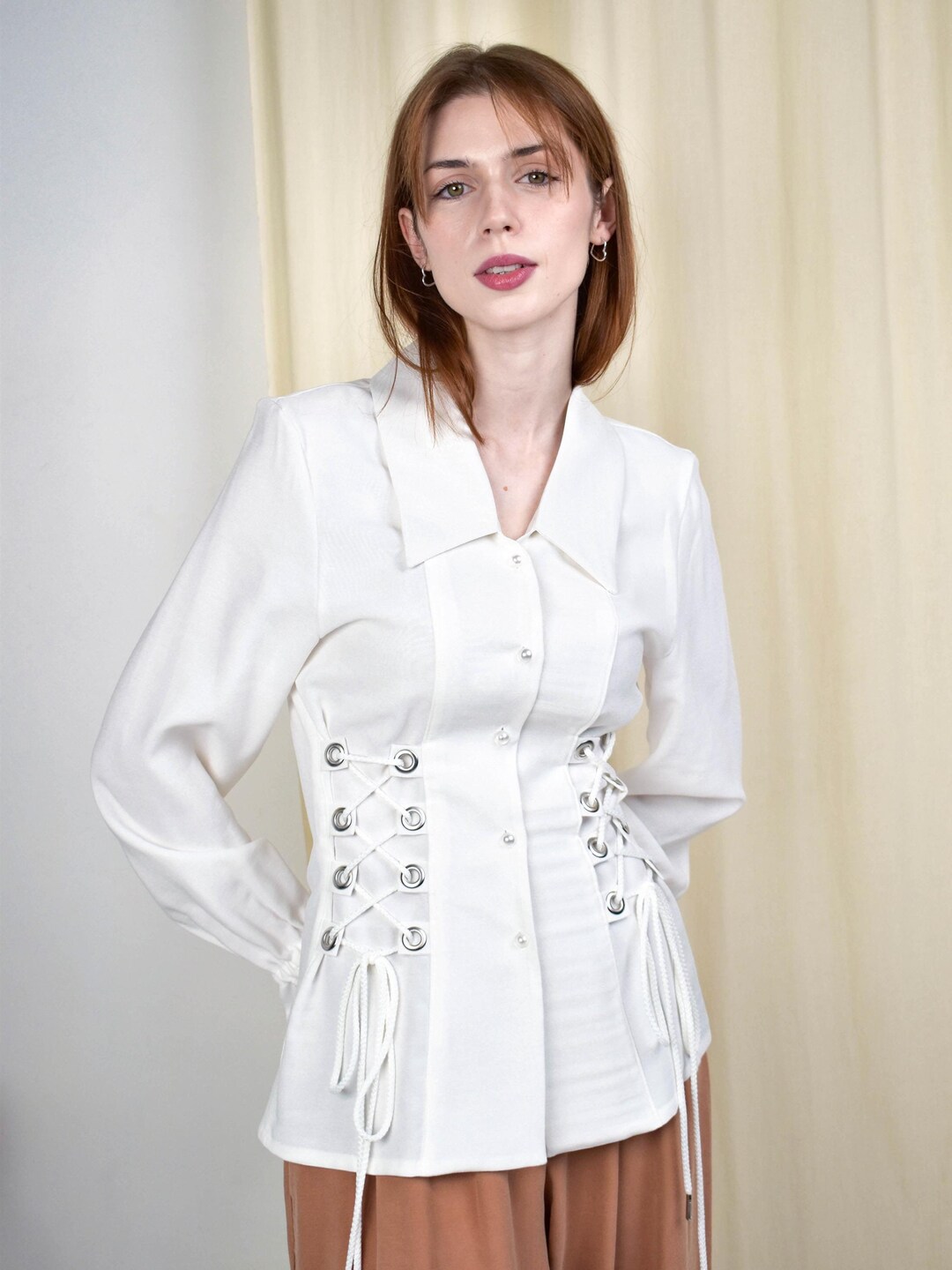 Elegant Corset Blouse With Poet Sleeves Long Sleeve, Waist Lacing ...